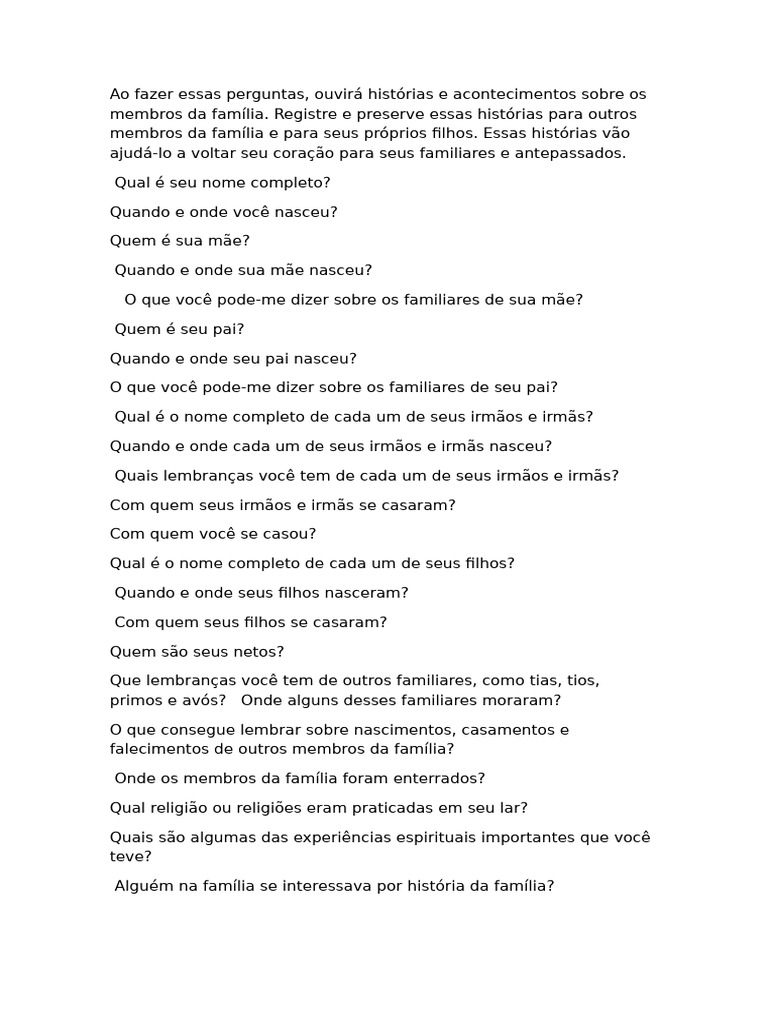 Perguntas para Entrevista Com Seus Familiares | PDF