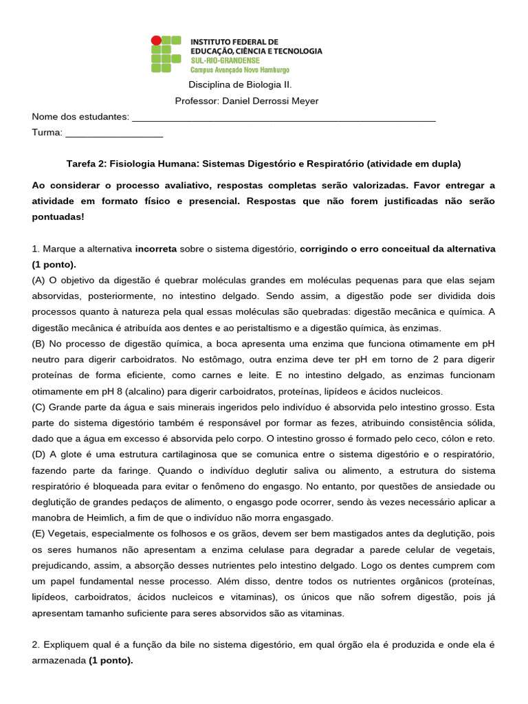 Tarefa2 Fisiologia Humana | PDF | Digestão | Sistema digestivo humano