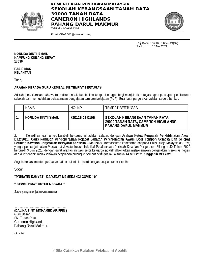 SURAT Arahan Kembali Bertugas | PDF