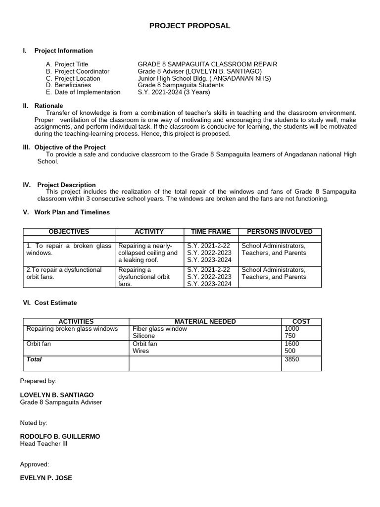 PROJECT PROPOSAL Grade 8 Sampaguita | PDF | Teachers | Teaching