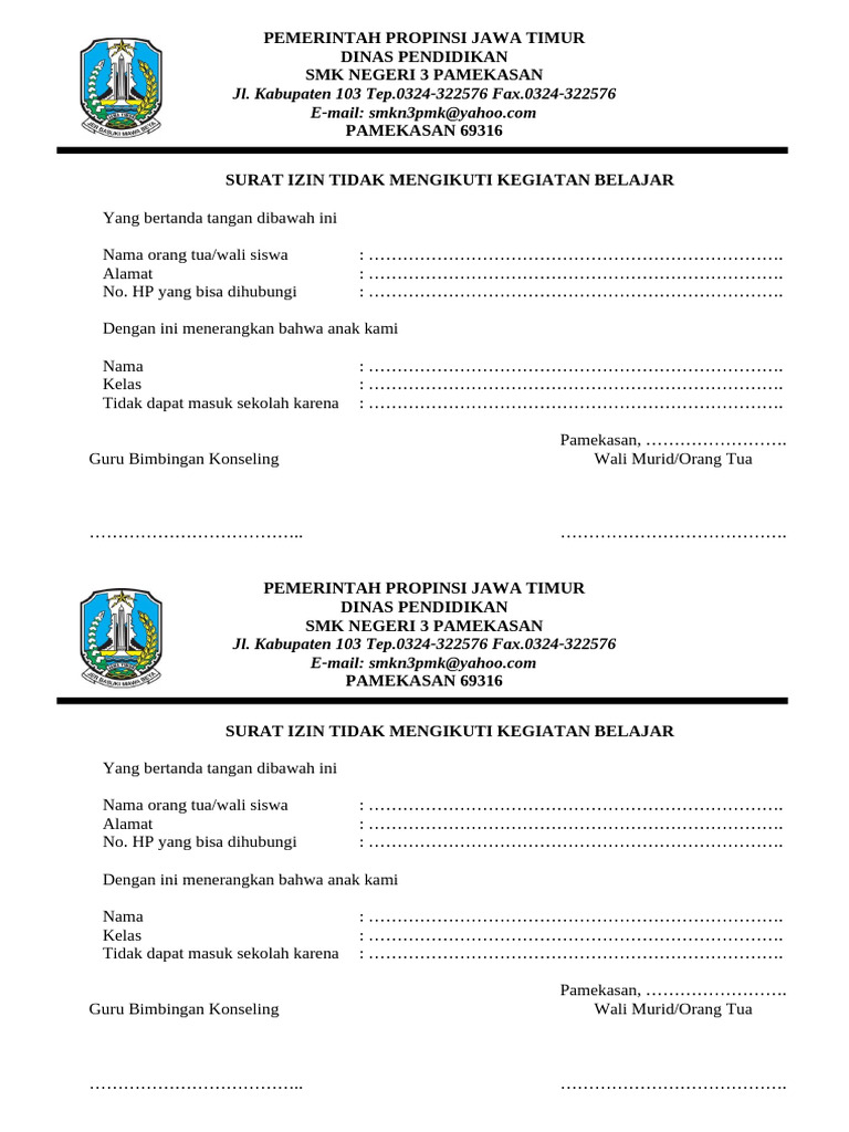Surat Izin Tidak Mengikuti Pelajaran | PDF