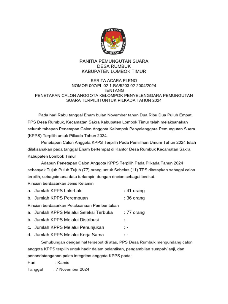 Template BA - Pengumuman - Dan Penetapan KPPS | PDF
