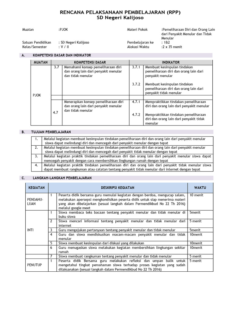 RPP PJOK KELAS 5_PEMELIHARAAN DIRI | PDF