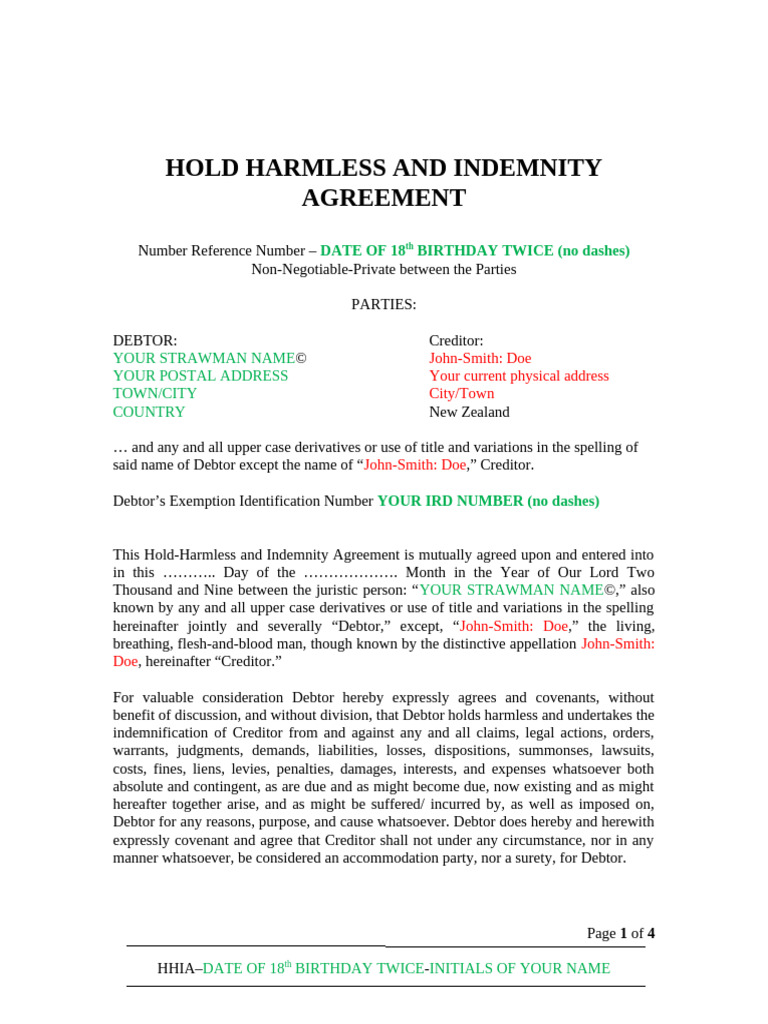 3. HOLD HARMLESS AND INDEMNITY AGREEMENT (GENERIC) for men | PDF ...