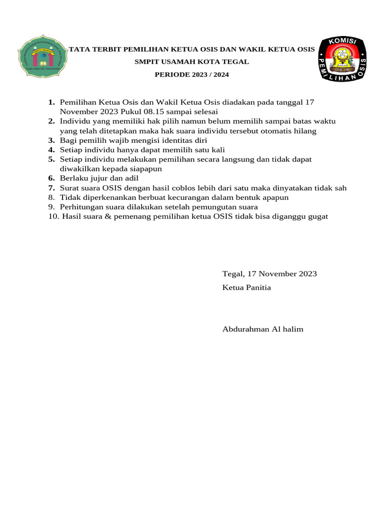 Tata Terbit Pemilihan Ketua Osis Dan Wakil Ketua Osis | PDF
