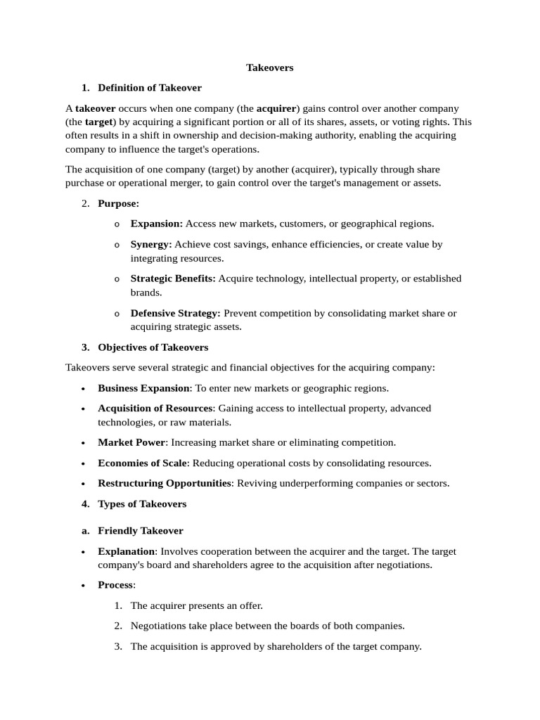 Takeover Study Notes Pdf Takeover Mergers And Acquisitions