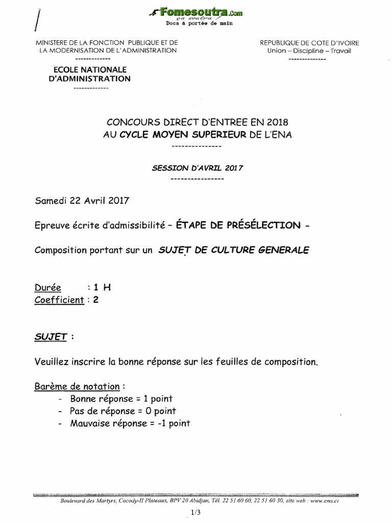 ENA 2017 Sujet de Culture Generale Etape de Preselection Co | PDF