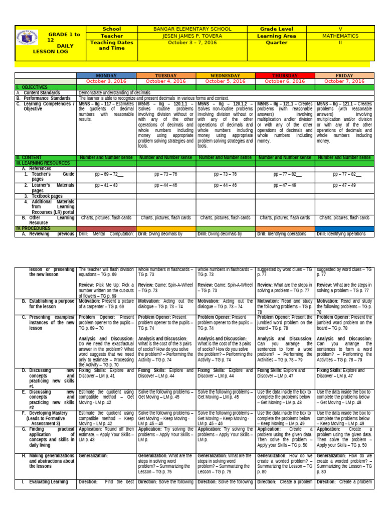 Math Grade 5 DLL Q2 Week 7 | PDF | Flashcard | Learning