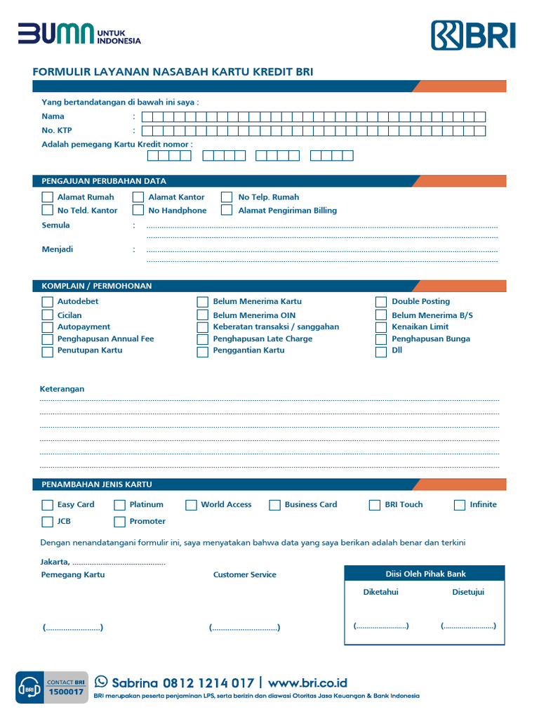 Formulir Layanan Nasabah Kartu Kredit BRI | PDF