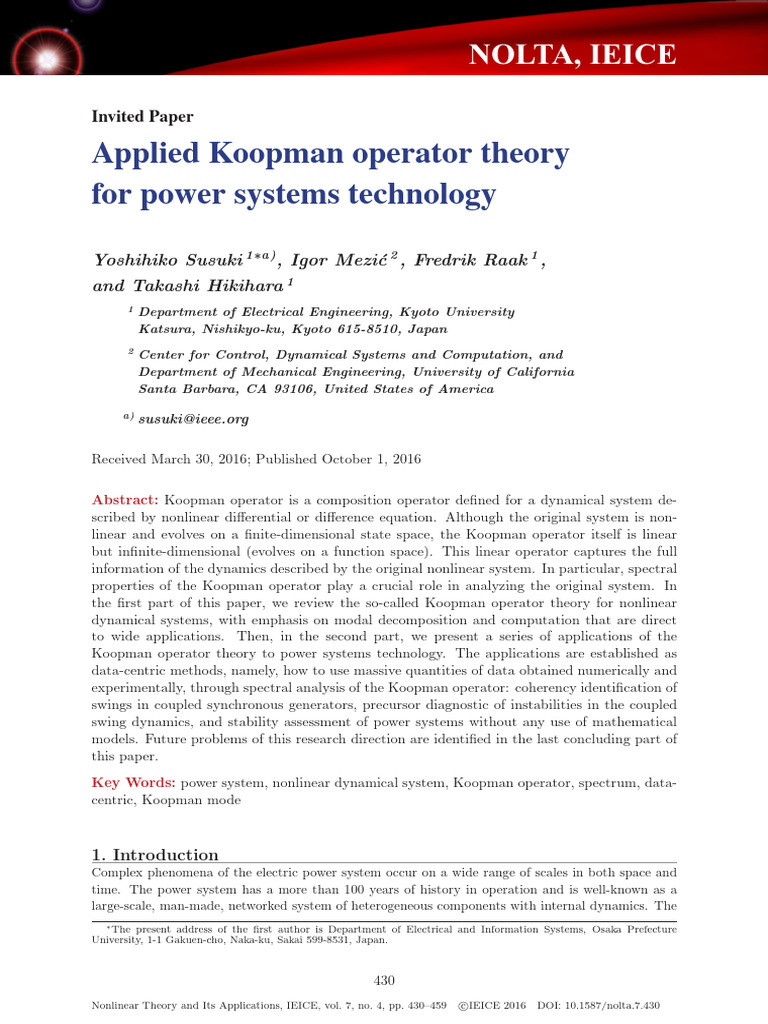 2016 Applied Koopman operator theory for power systems technology | PDF | Dynamical System ...