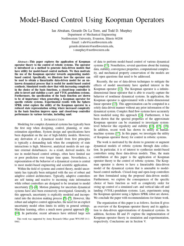 2017 Model-Based Control Using Koopman Operators | PDF | Control Theory | Nonlinear System