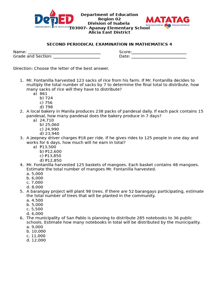 PT - G4 Matatag Mathematics 4 - Q2 | PDF | Division (Mathematics ...