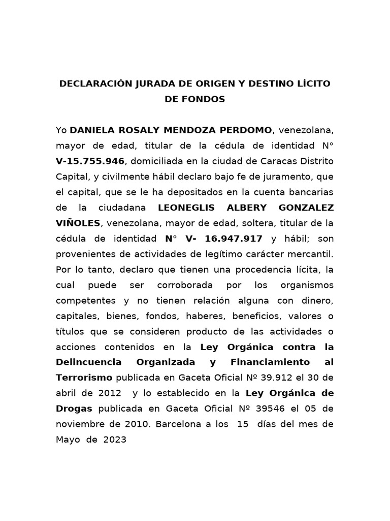 Declaración Jurada de Origen y Destino Lícito de Fondos Emisor | PDF