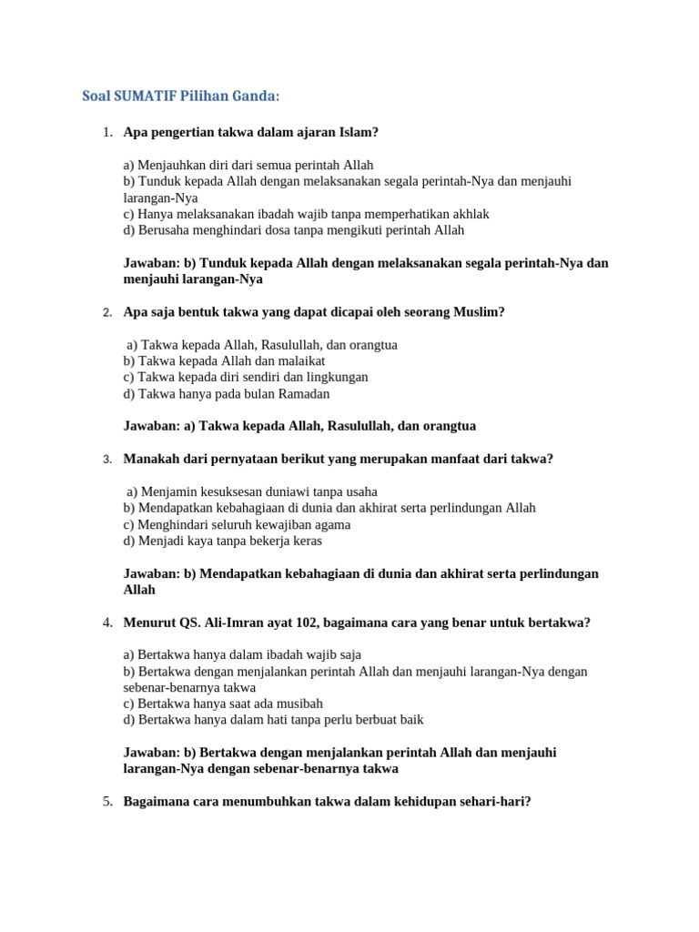 Soal SUMATIF Pilihan Ganda LOKA LK 9 TPACK MATERI TAKWA LINK | PDF