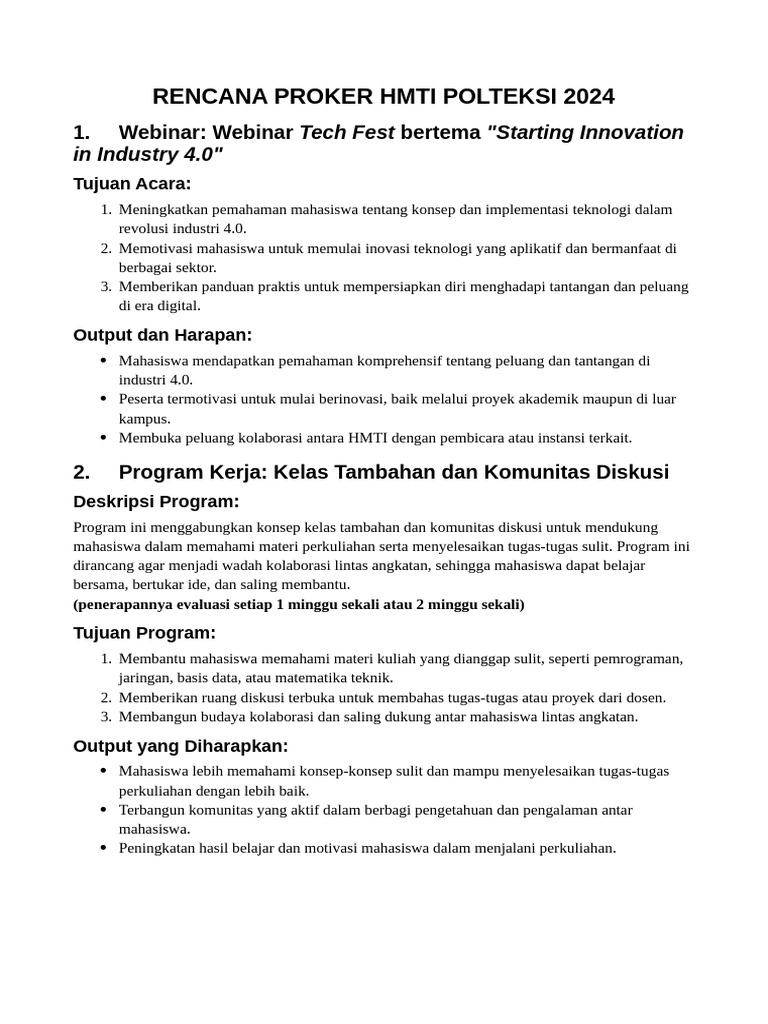 Rencana Proker Hmti Polteksi 2024 | PDF