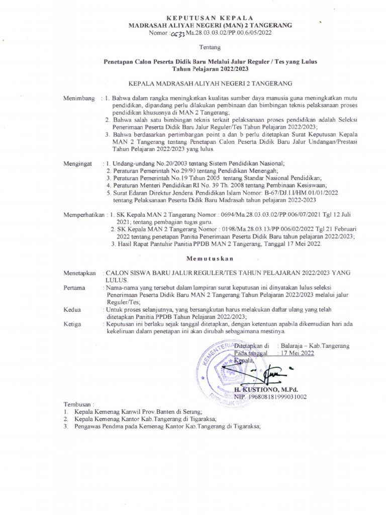 Pengumuman Lulus PPDB Jalur Reguler TP 2022 - 2023 | PDF