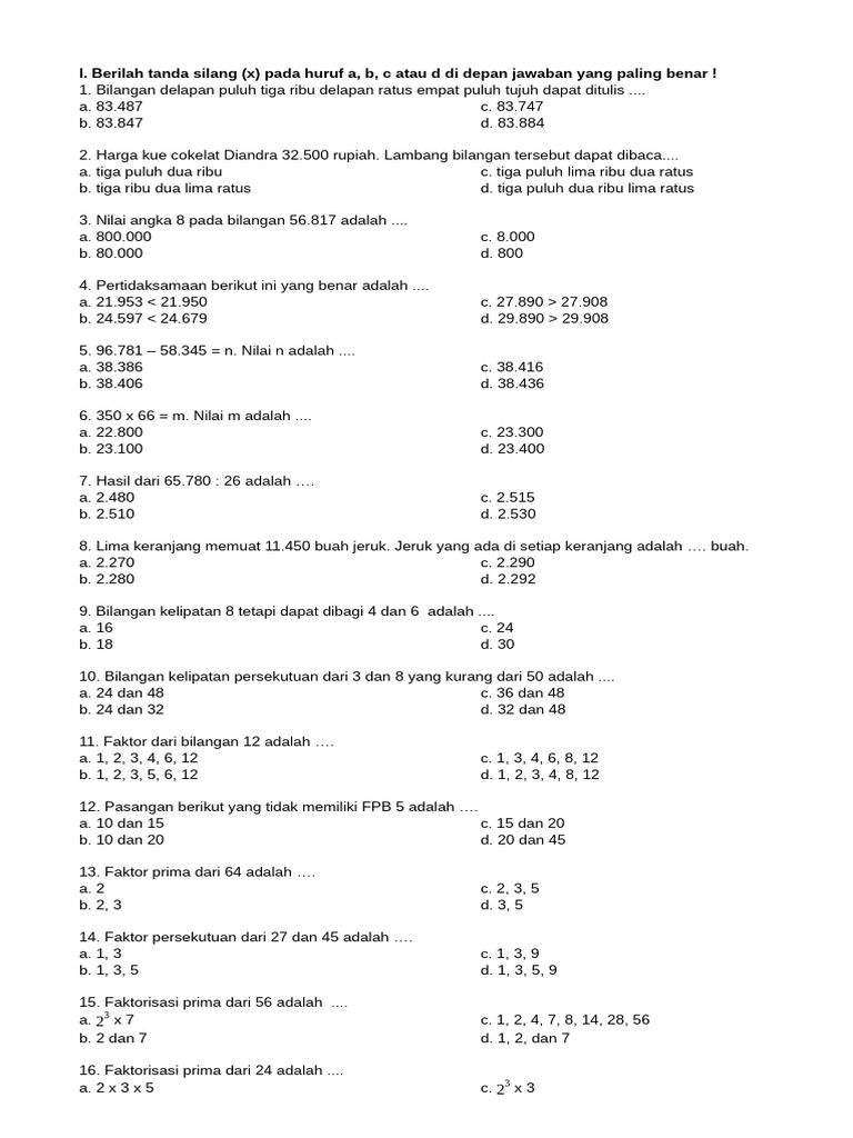 Soal Sas Mtk Kelas V | PDF