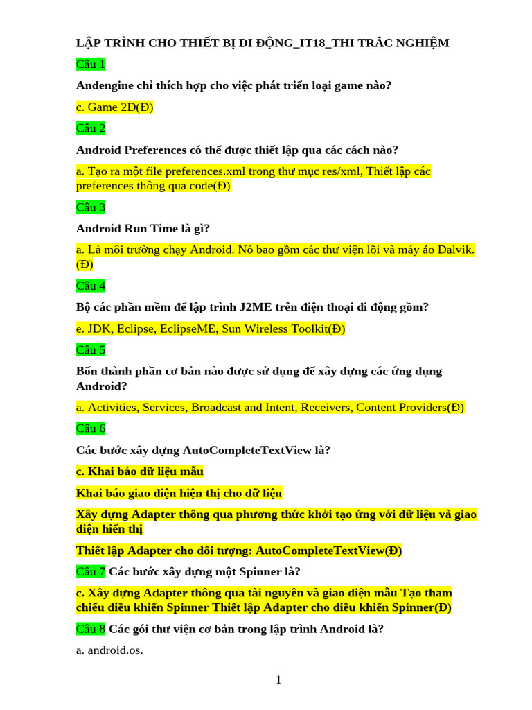Dap An Trac Nghiem Lap Trinh Cho Thiet Bi Di Dong It18 Thi Trac Nghiem | PDF