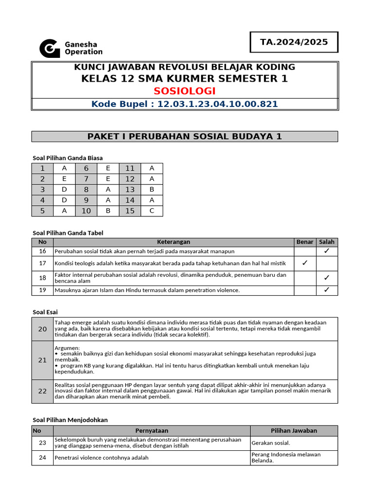 KUNCI KODING XII SMA SMT 1 - TP 24-25 Sosiologi | PDF