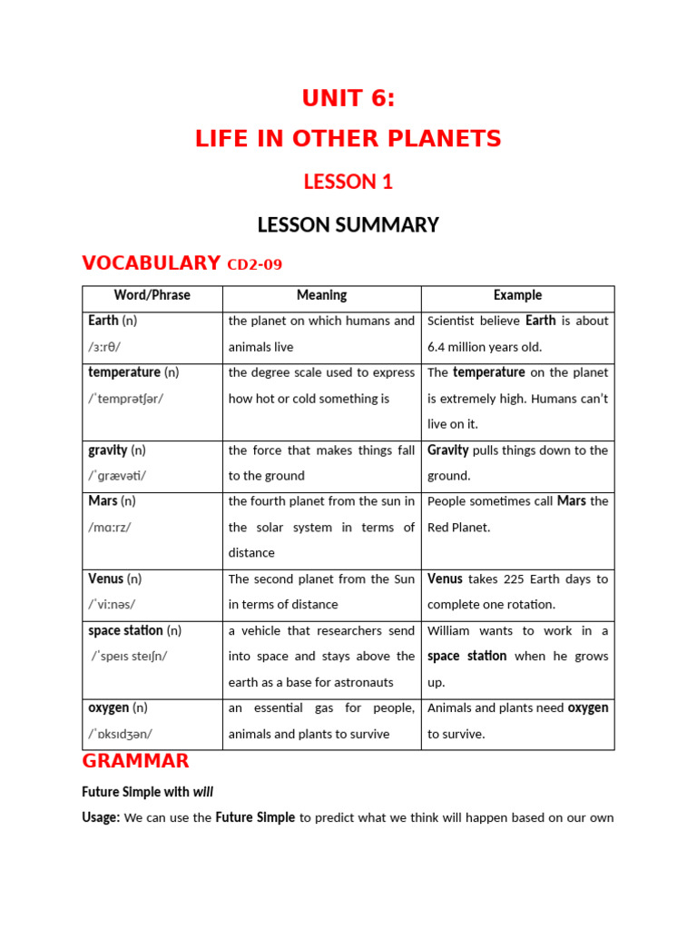 UNIT 6 Lesson 1 Summary + Test | PDF | Planets | Venus