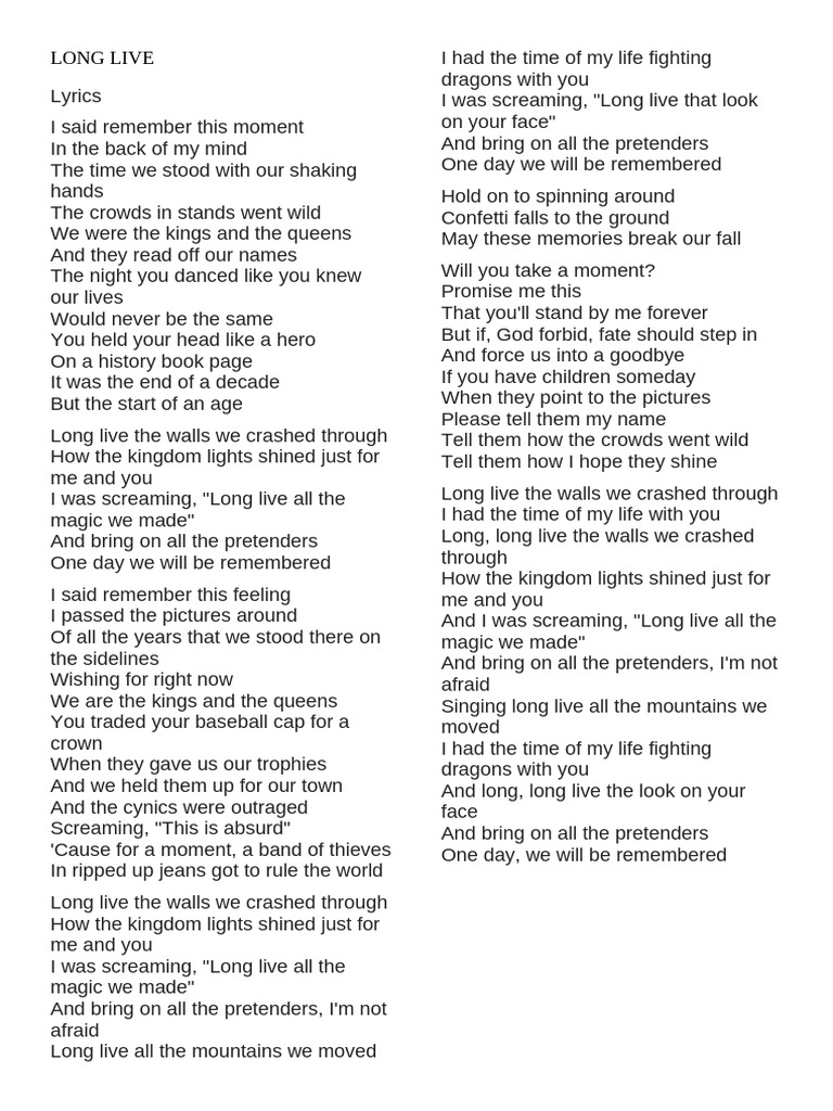"Long Live" Song Lyrics Analysis | PDF
