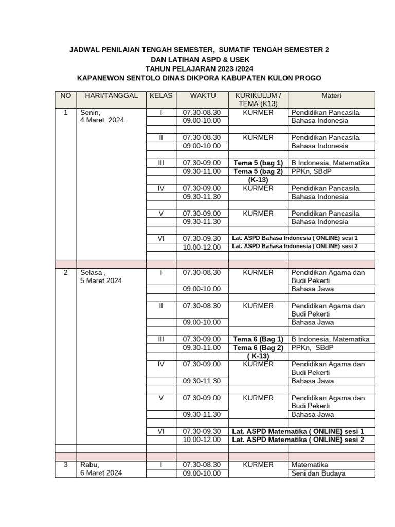 Jadwal STS, Lat. Aspd &usek 2023-2024 | PDF