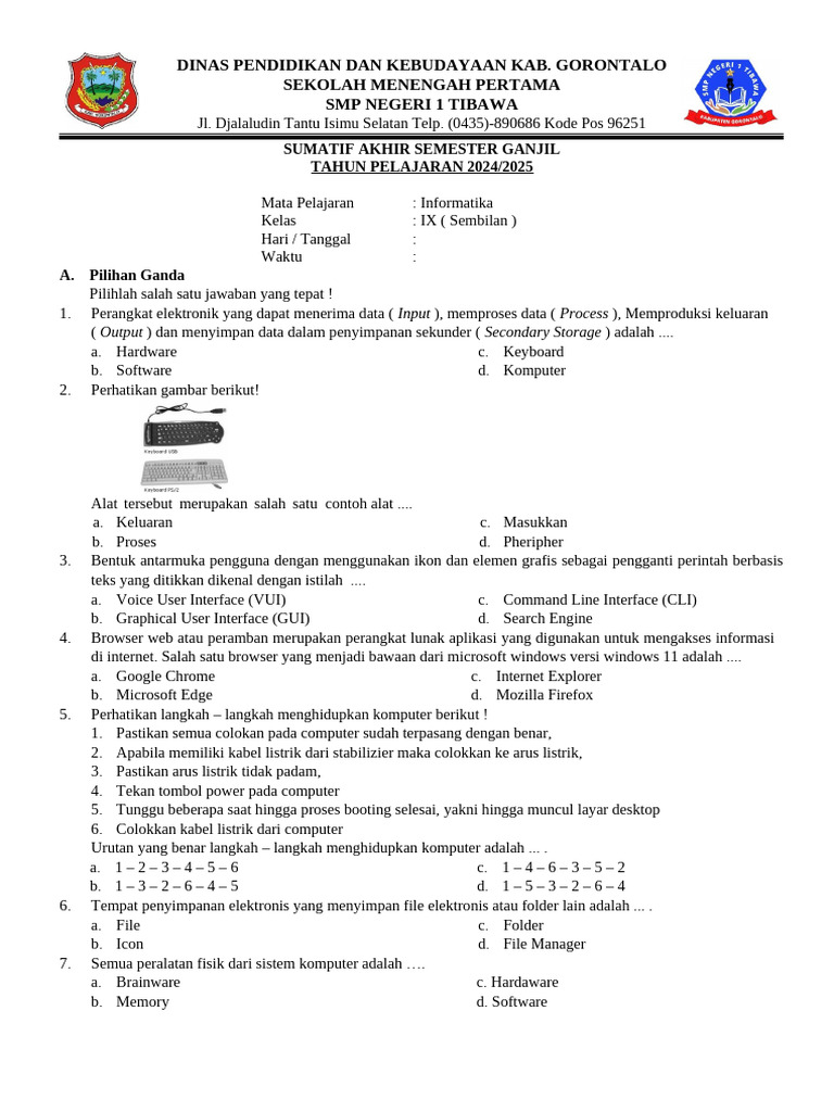 SOAL PAS Informatika 7 Ganjil 2023-2024 | PDF