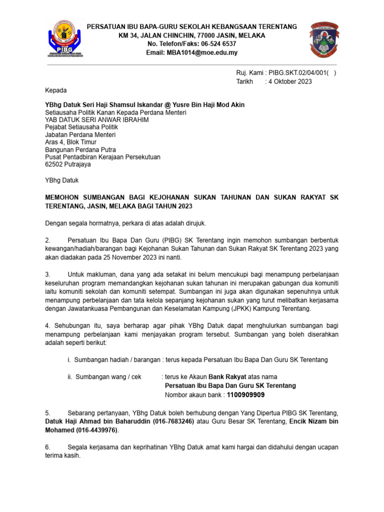 Surat Memohon Sumbangan Bagi Kejohanan Sukan Tahunan Dan Sukan Rakyat | PDF