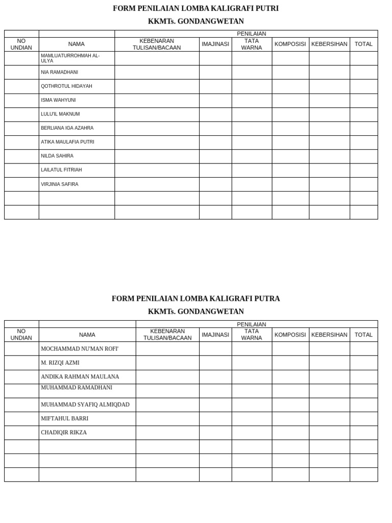 FORM PENILAIAN LOMBA KALIGRAFI | PDF