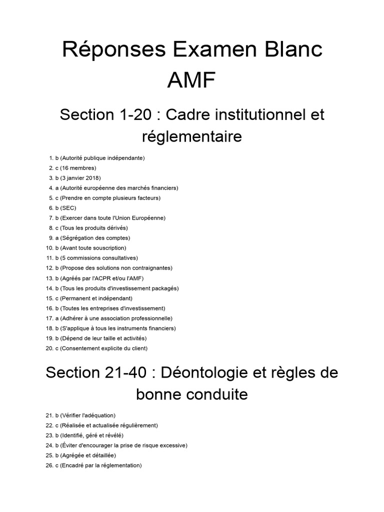 Réponses Examen Blanc AMF 2023 | PDF | Obligation (Finance) | Option ...