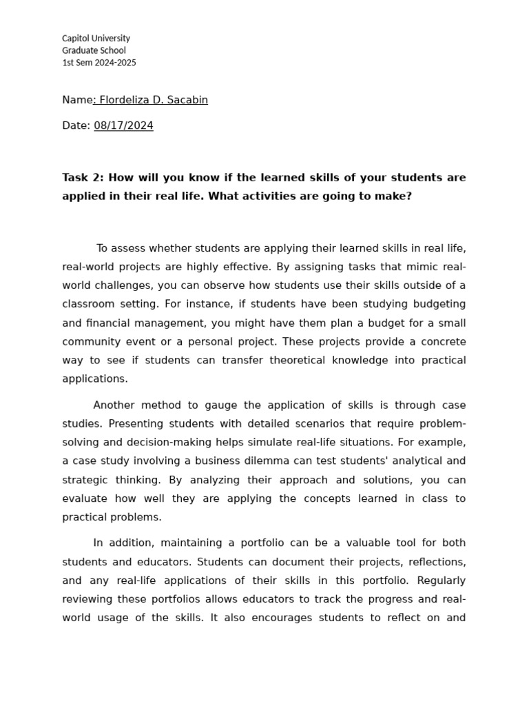 Task 2 and 3- How will you know if the learned skills of your students ...