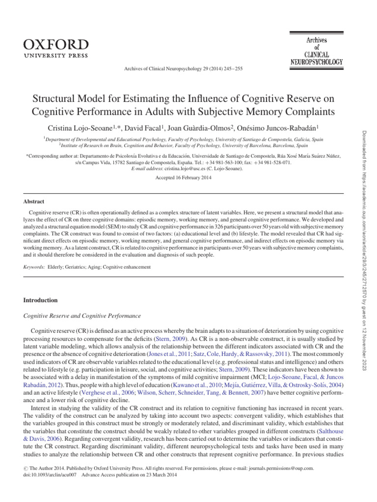 Structural Model For Estimating The Influence of Cognitive Reserve On ...