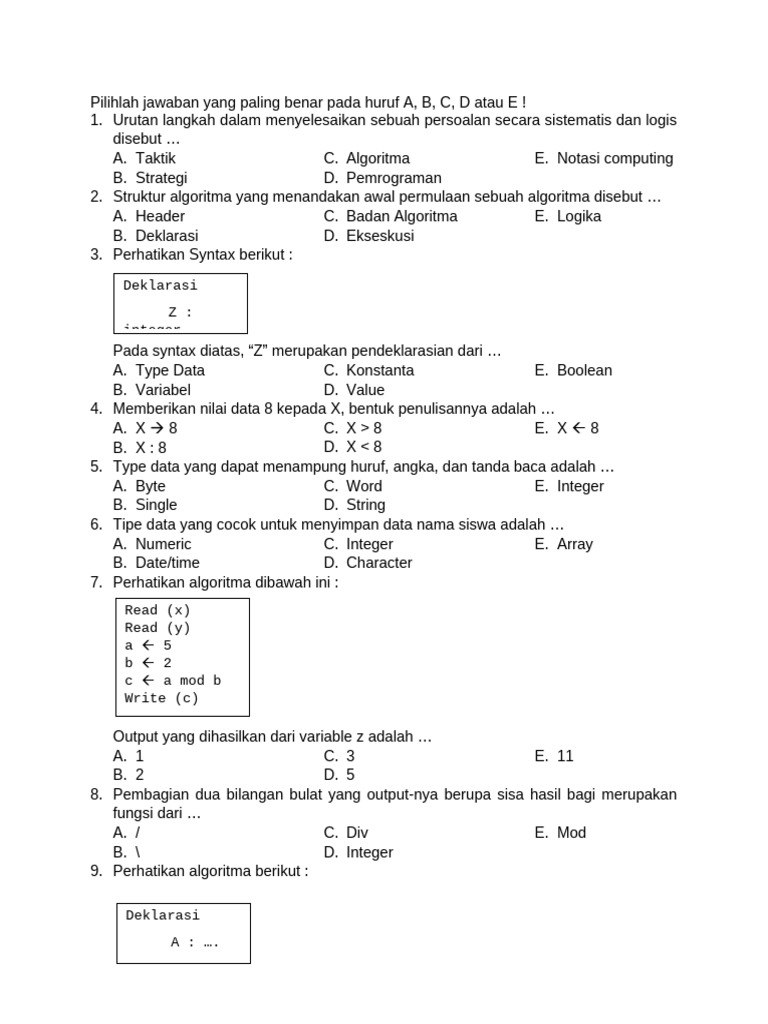 Contoh Soal Pemrograman Dasar SMK | PDF