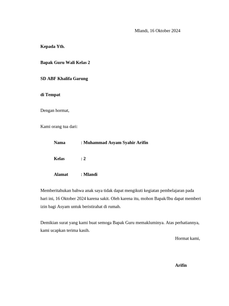 Surat Ijin Sekolah | PDF