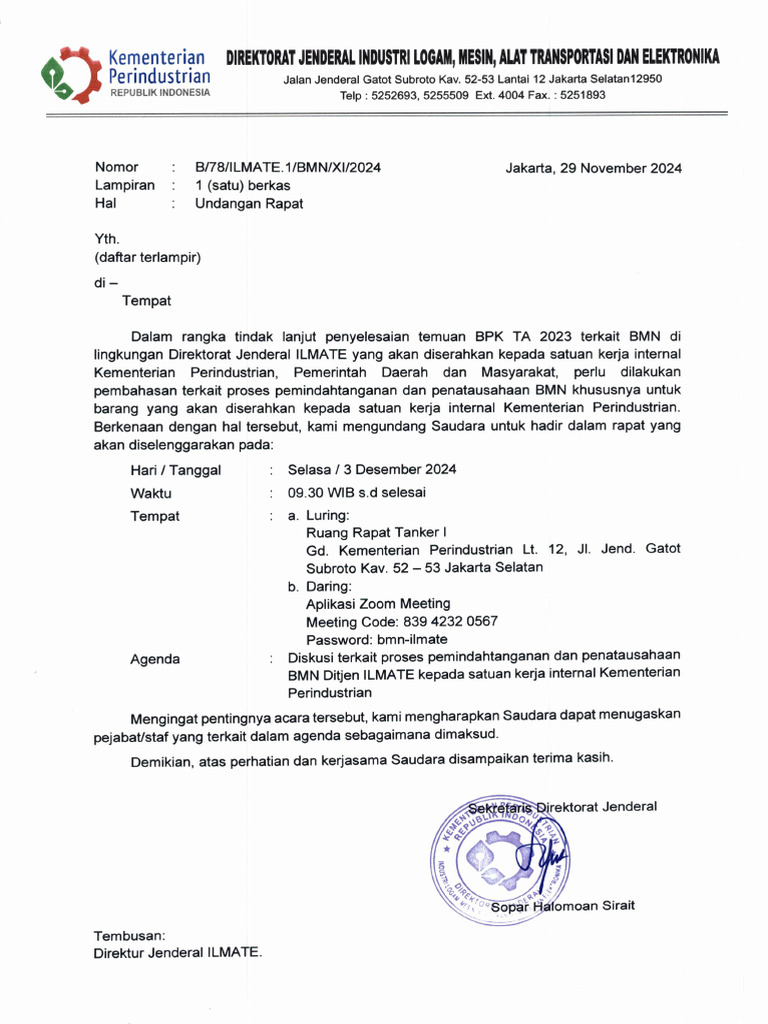 38. Undangan Rapat Dsikusi terkait Proses Pemindahtanganan dan PenatausahaanBMN Ditjen ILMATE-1 ...