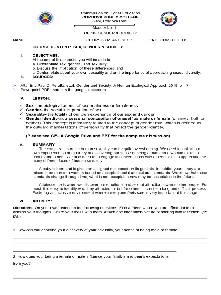 Edited – GE 10-Lesson 1-First Activity | PDF | Gender | Gender Studies