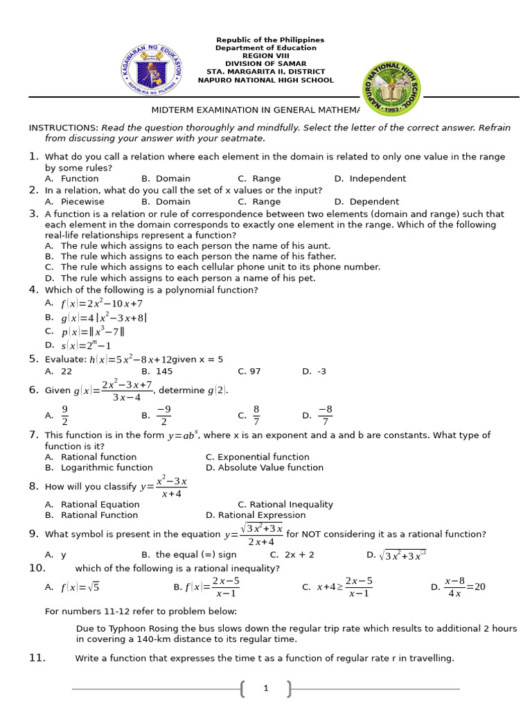 General Mathematics 11 Midterm Exam | PDF | Rational Number | Function (Mathematics)