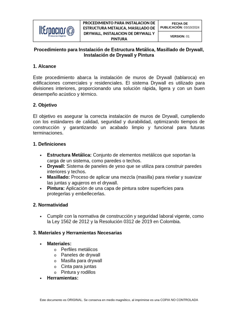 Procedimiento para Instalación de Estructura Metálica, Masillado de ...