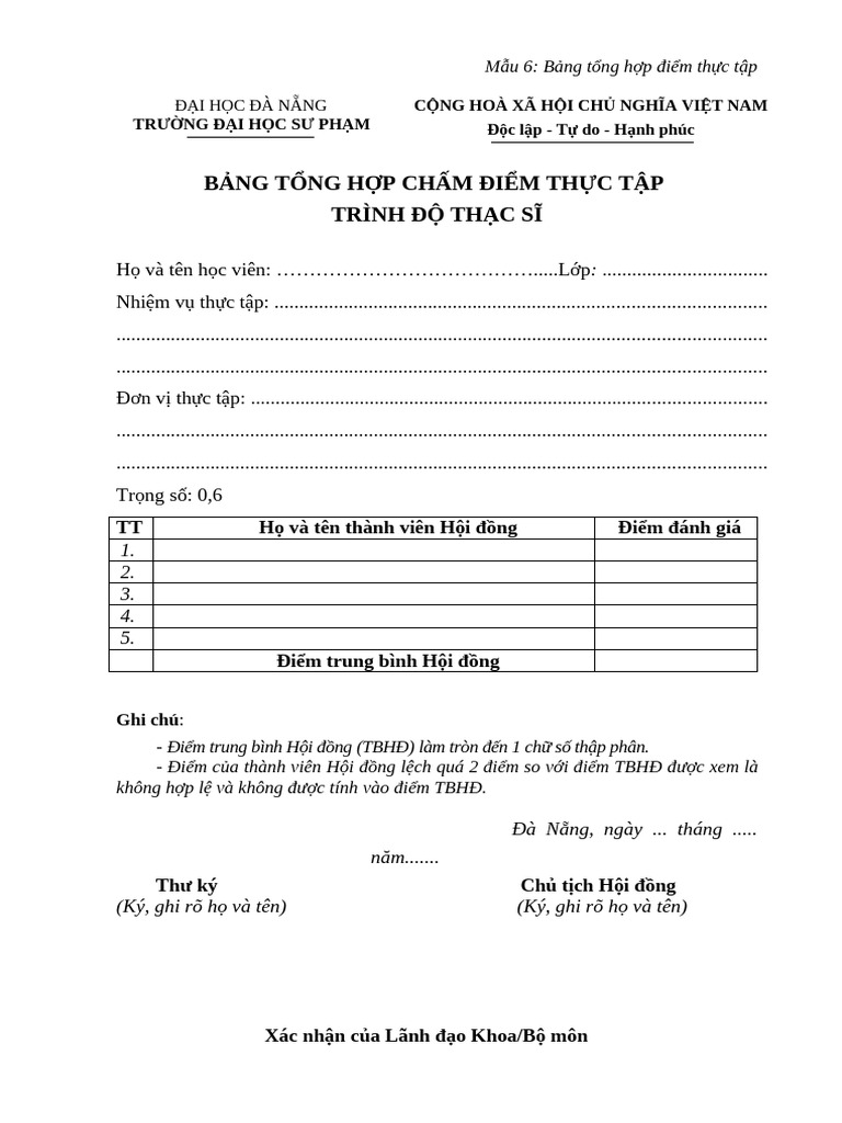 (Mẫu 6) Phieu Tong Hop Diem CBHD Va HD(1) | PDF