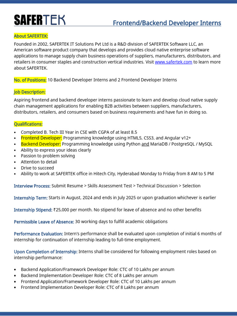 Safertek IT Solutions Internships For 2025 Batch | PDF | Business
