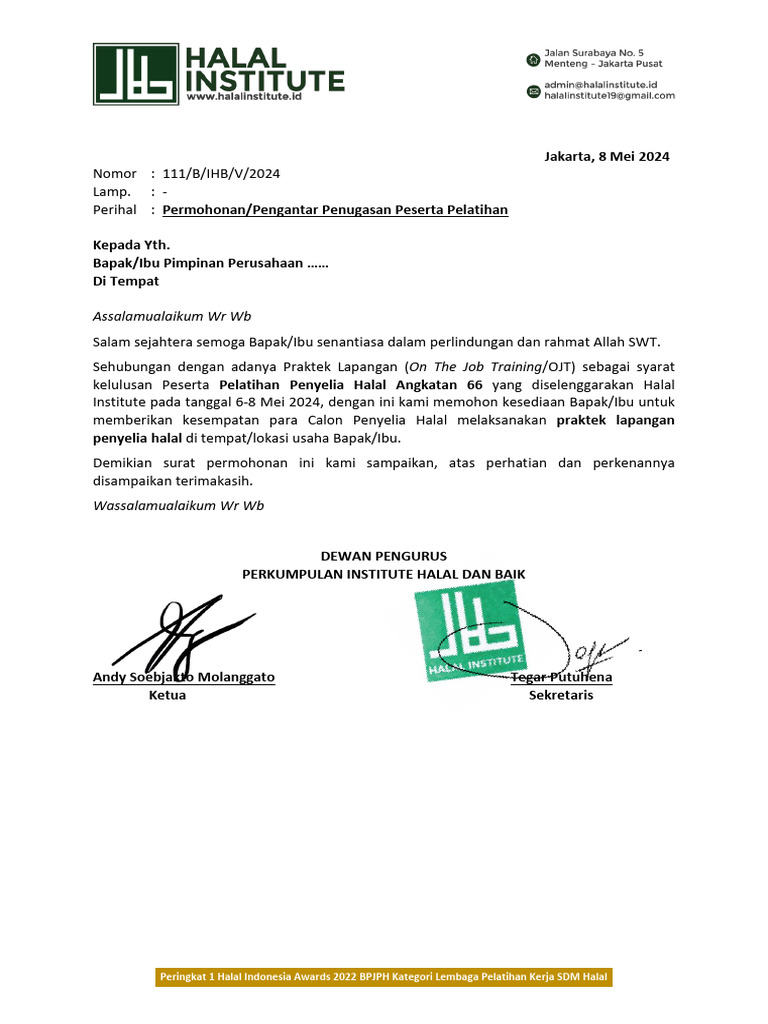 111 Pengantar Praktek Lapangan OJT Penyelia Halal Angkatan 66 | PDF