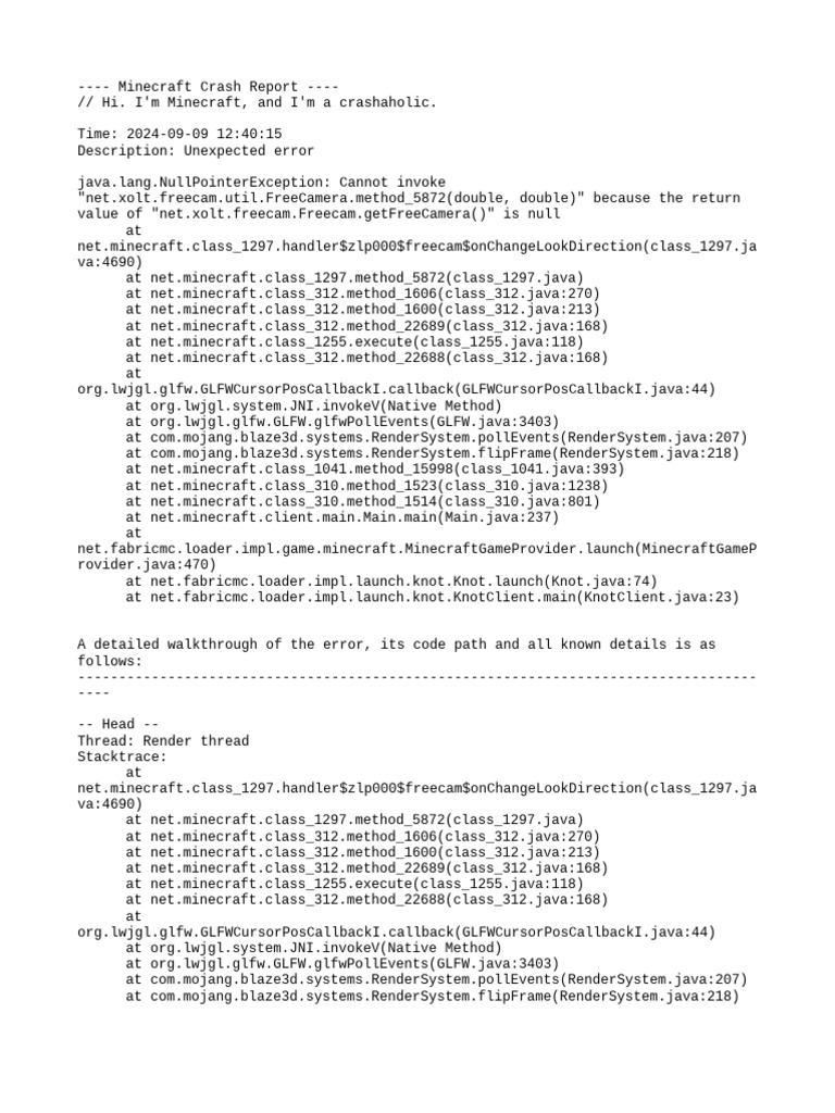 Minecraft Crash Report: NullPointerException | PDF | Computing | Software