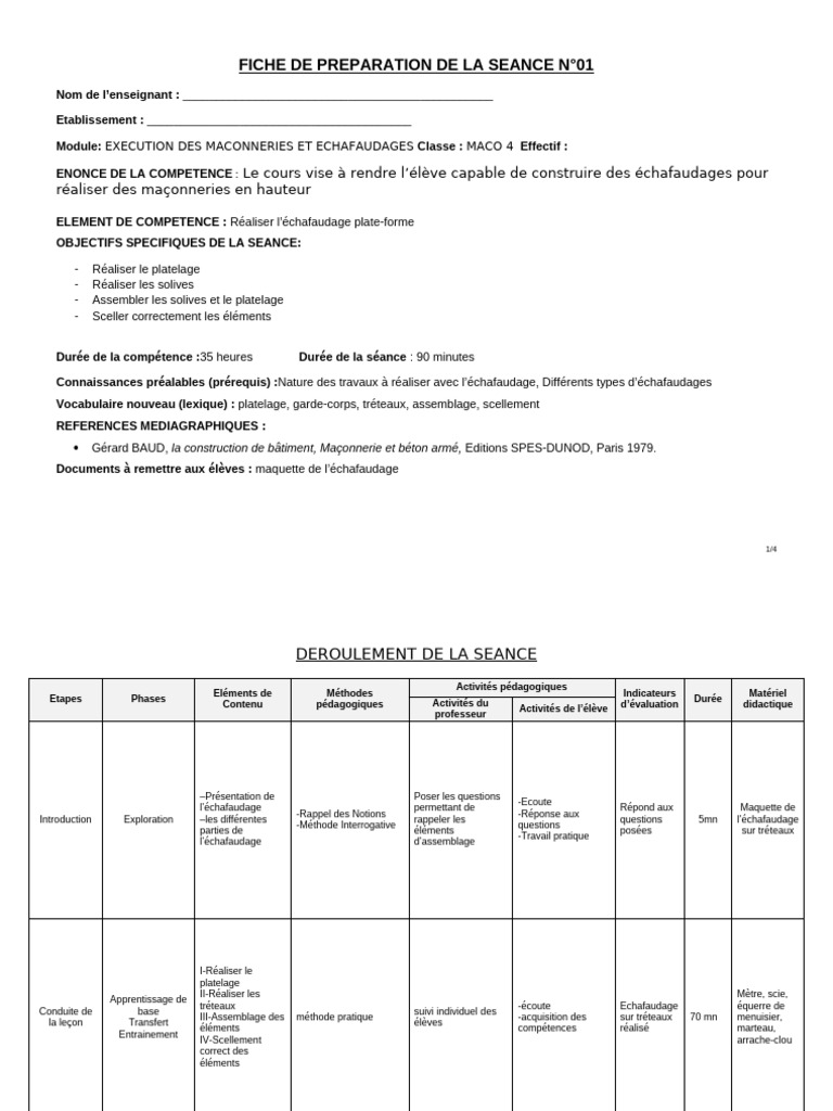 FICHE DE PREPARATION ET DE DEROULEMENT | PDF | Pédagogie | Enseignement