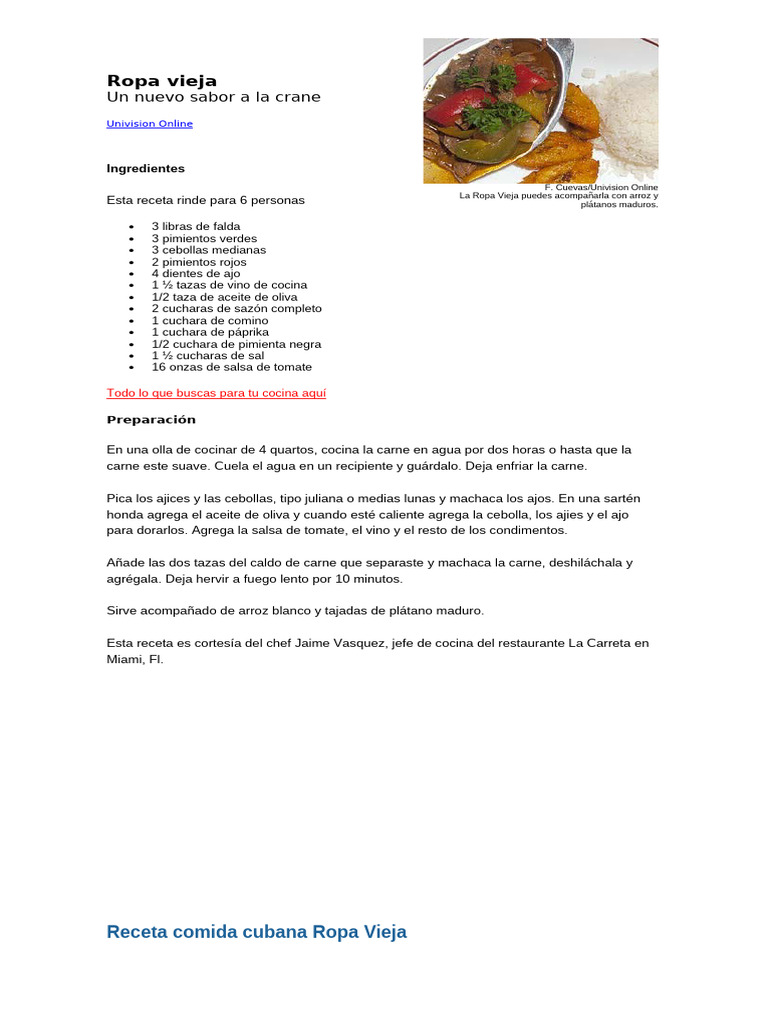 Receta de Ropa Vieja Argentina | PDF | Caldo | Carne