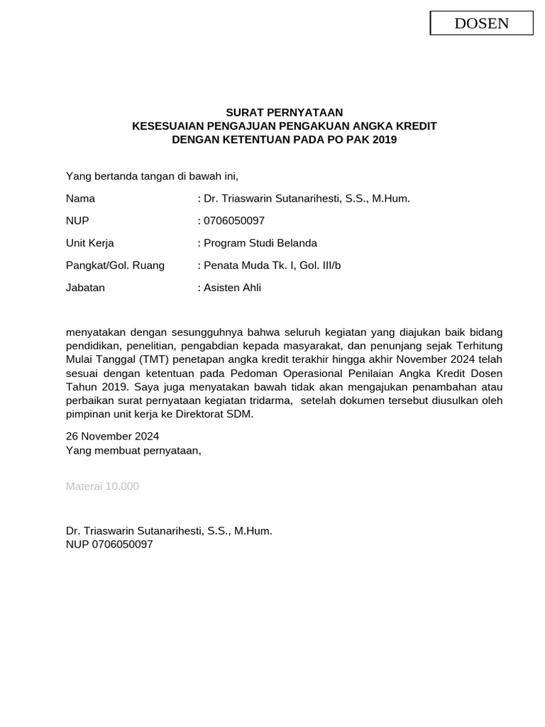 Surat Pernyataan Kesesuaian Pengajuan Pengakuan Angka Kredit Dengan ...