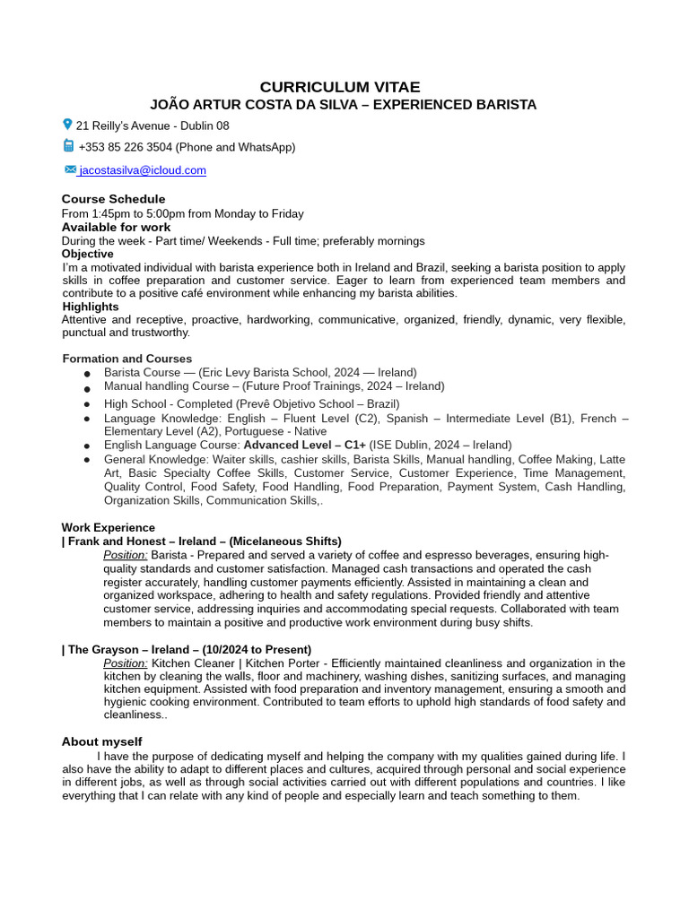 Cv Barista New | PDF | Kitchen