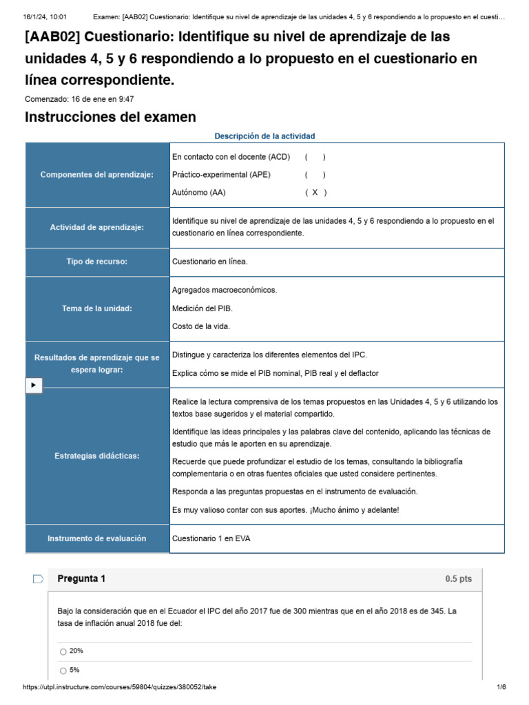 Examen - (AAB02) Cuestionario - Identifique Su Nivel de Aprendizaje de Las Unidades 4, 5 y 6 ...