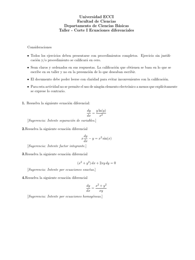 Taller 1 Corte 1 Ecuaciones Diferenciales ECCI | PDF