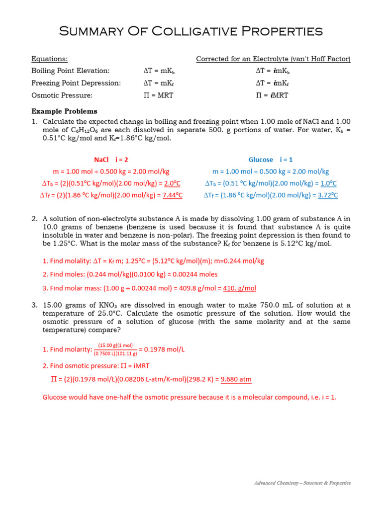 21-Colligative Properties Summary - KEY | PDF