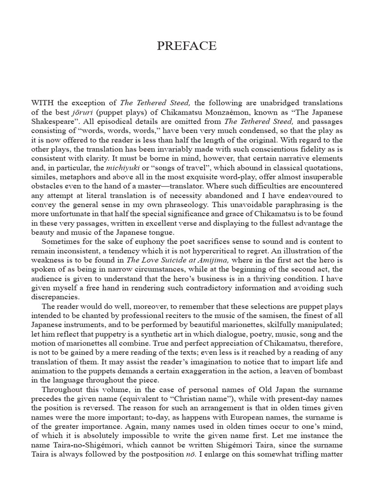 Masterpieces of Chikamatsu The Japanese Shakespear... - (PREFACE) | PDF | Translations | Puppetry